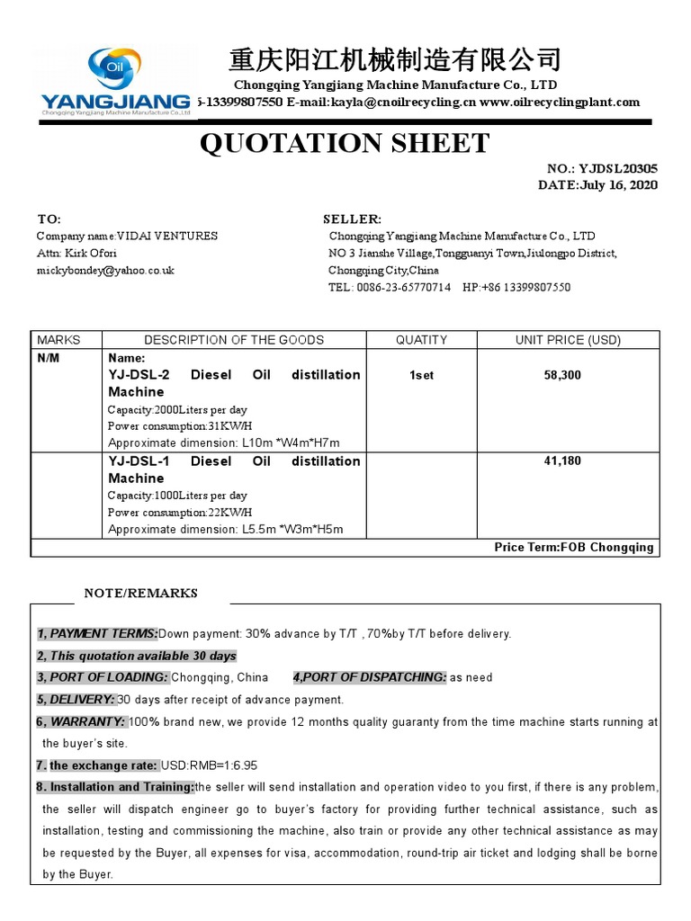 QUOTATION Sheet of Waste Oil Into Diesel Distillation Machine | PDF ...