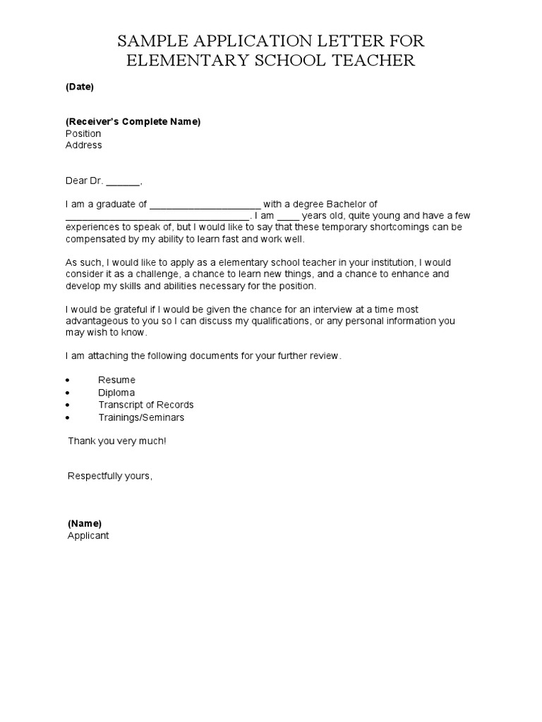 Sample Application Letter For Elementary Teacher | PDF