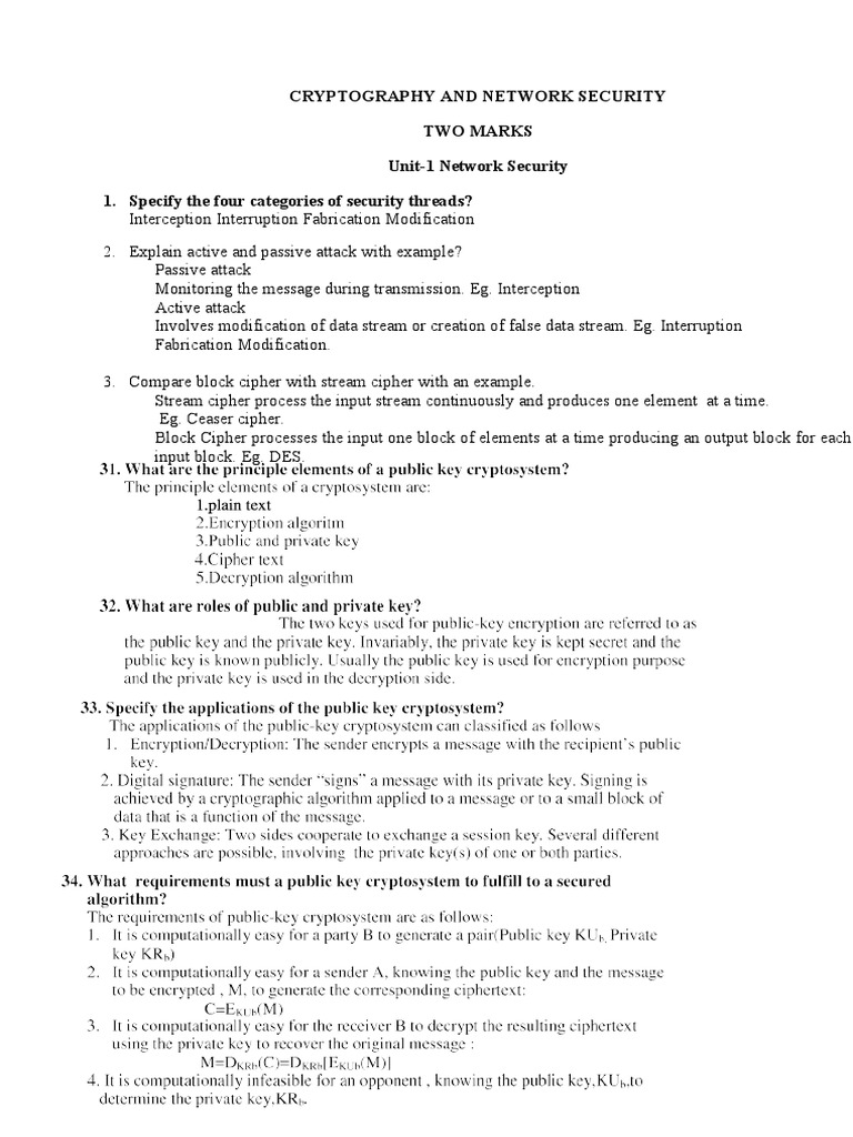 Cryptography and Network Security Two Marks Unit-1 Network Security 1. Specify The Four ...