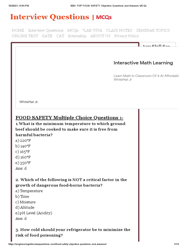 TOP FOOD SAFETY Objective Questions and Answers MCQs | PDF | Grilling ...