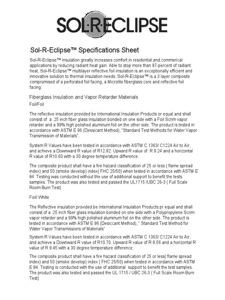 Sol R Eclipse Specifications Sheet | PDF | Building Insulation | Fiberglass