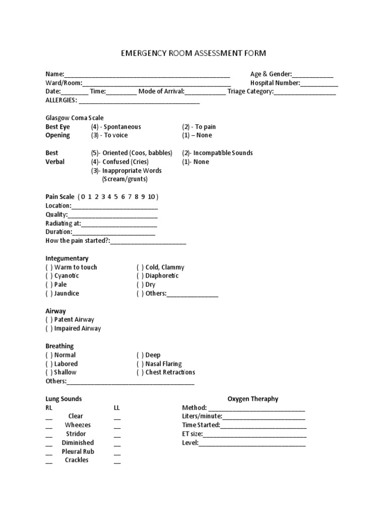 Emergency Room Assessment Form: Best Eye Opening Best Verbal | PDF ...