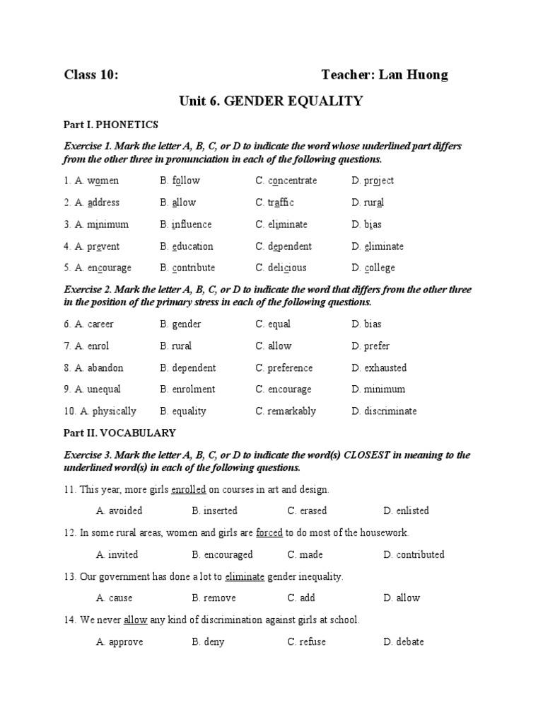 Class 10 Unit 6 Further Practice | PDF | Suffragette | Gender Inequality