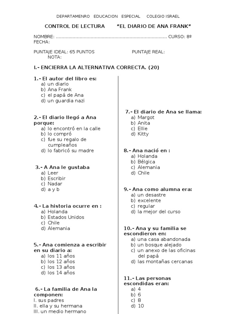 Control de Lectura: Ana Frank | PDF | Anne Frank | Agitación