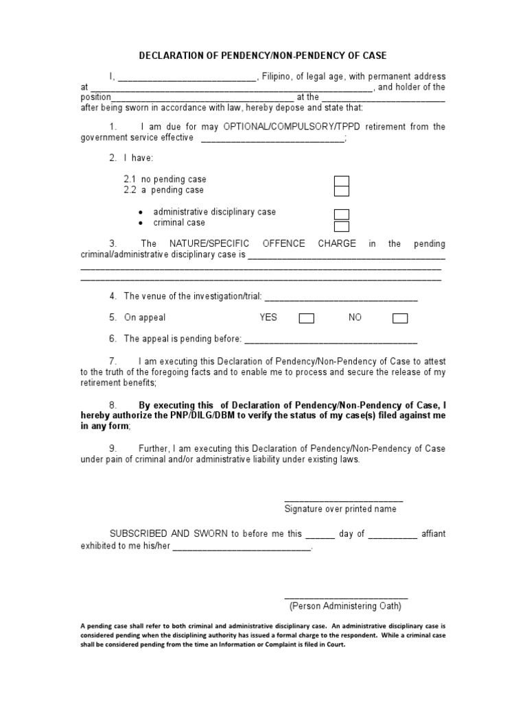 Declaration of Pendency or Non-Pendency of Legal Cases Prior to ...