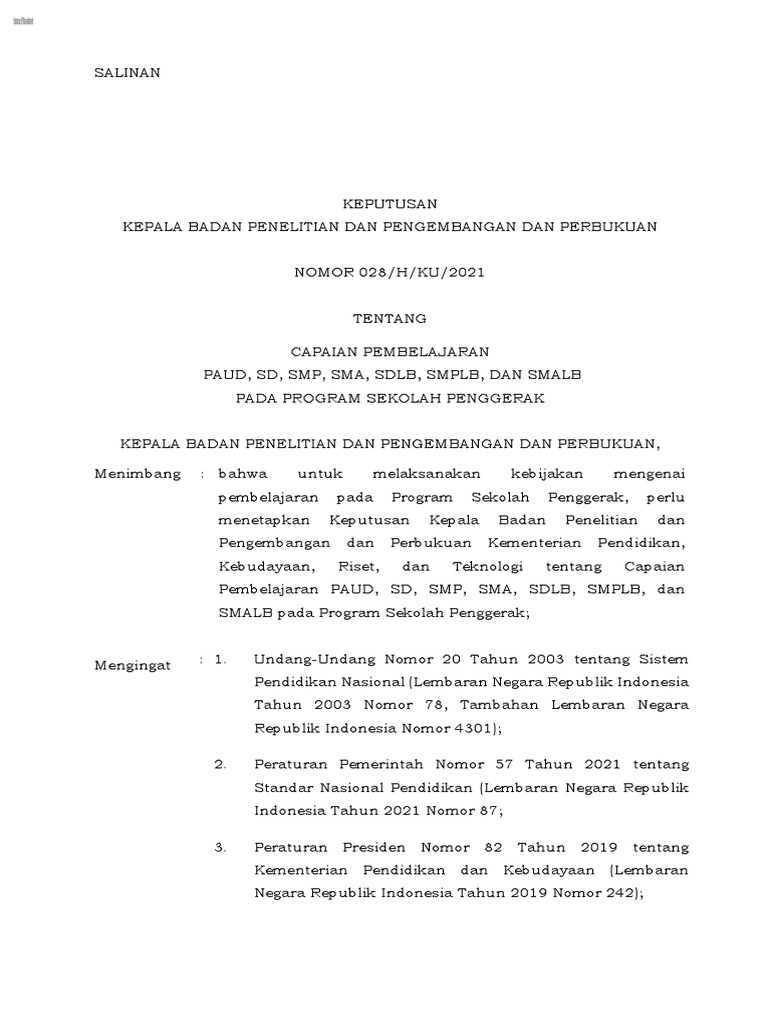 Balitbangbuk-2021-028 Capaian Pembelajaran Paud, SD, SMP, Sma, SDLB ... Balitbangbuk-2021-028 Capaian Pembelajaran Paud, SD, SMP, Sma, SDLB ...