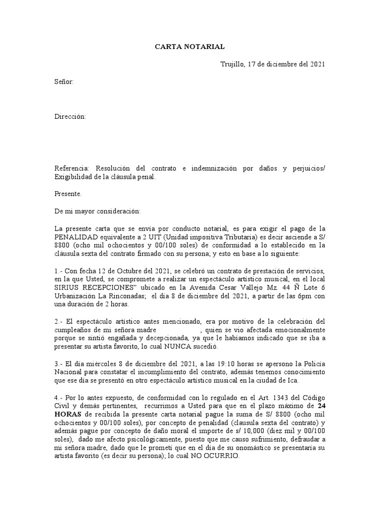 CARTA NOTARIAL - Resolución Contrato | PDF