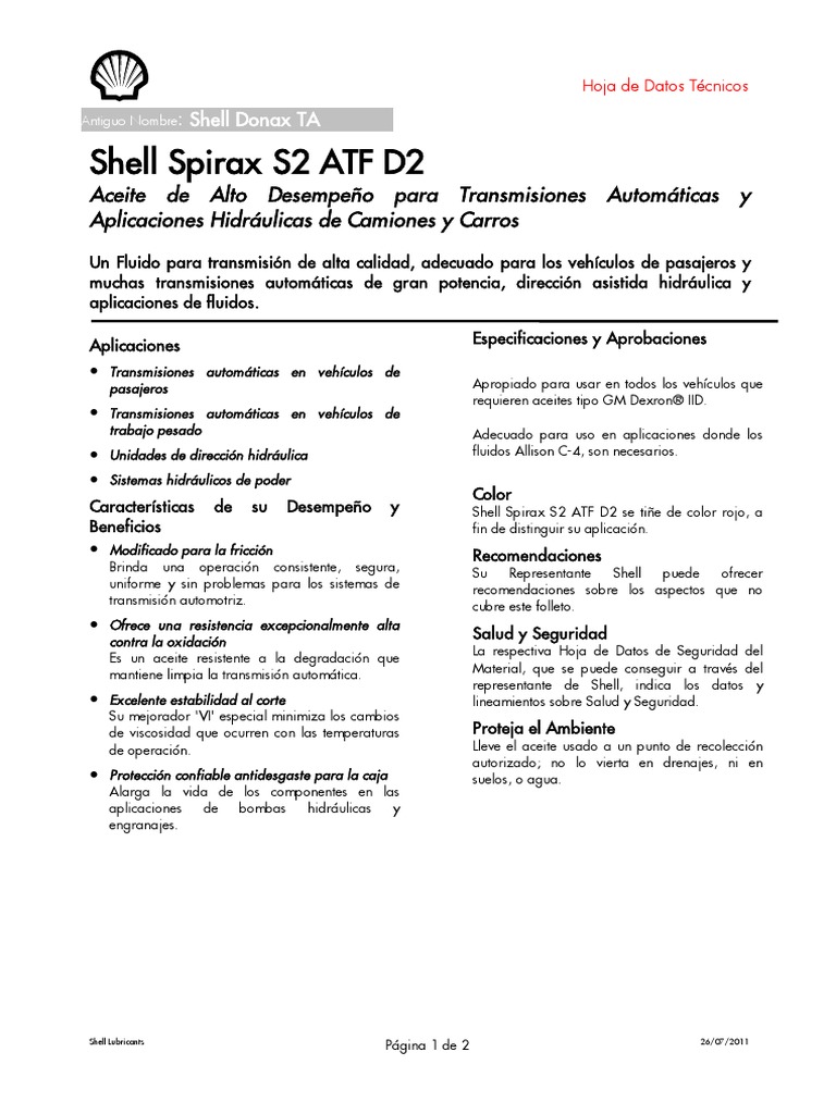 Spirax S2 ATF D2 | PDF | Transmisión automática | Petróleo