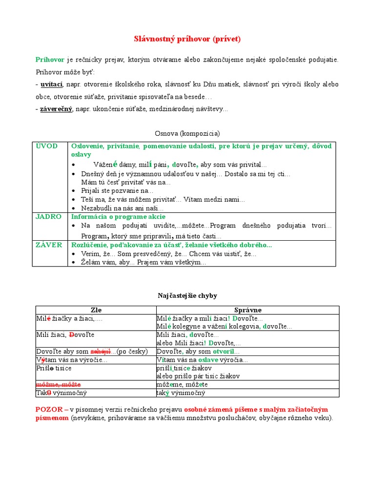 Slávnostný Príhovor, Poznámky Do Zošita | PDF