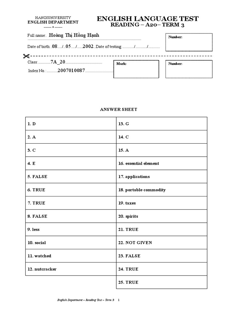 Answer Sheet | PDF