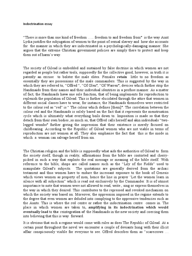 Indoctrination Essay - Handmaids Tale | PDF