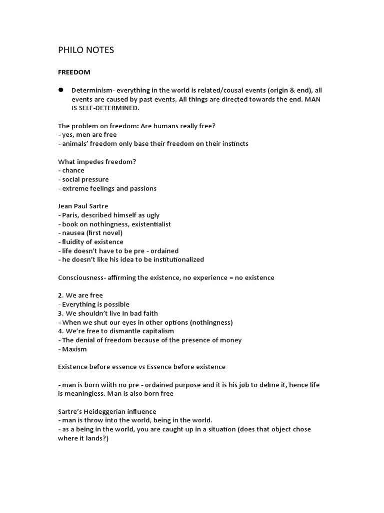 Philo Notes Freedom Pdf Existentialism Metaphysics