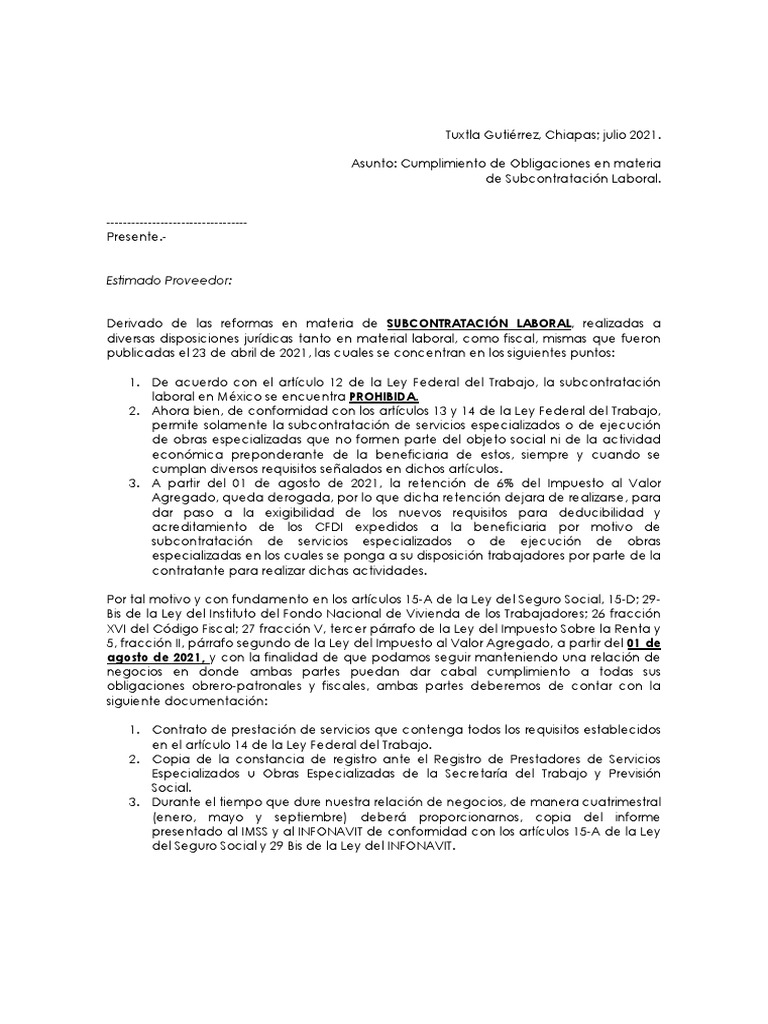 Carta Proveedores REPSE | PDF | Outsourcing | Economias