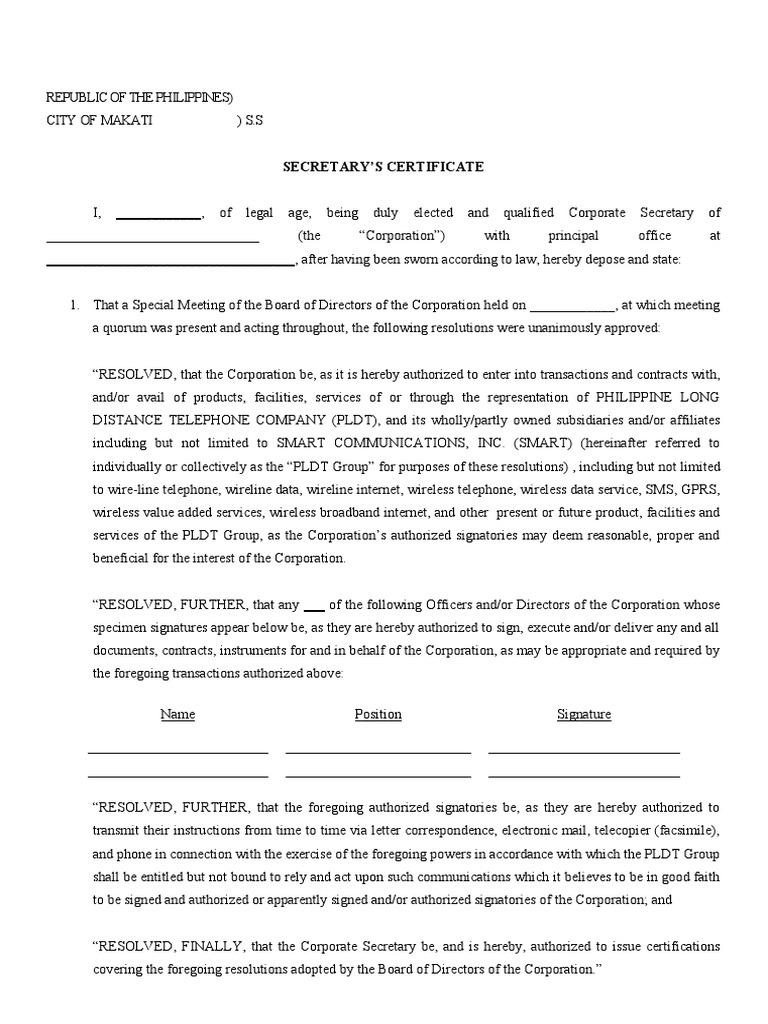 SMART PLDT COMMUNICATIONS Secretary's Certificate | PDF | Communication ...