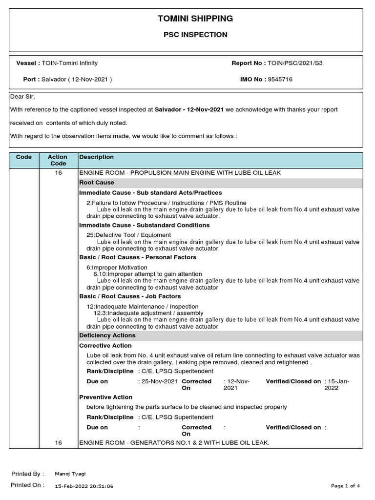 Tomini Infinity 12th Nov 2021 PSC Closure Report | PDF | Valve ...