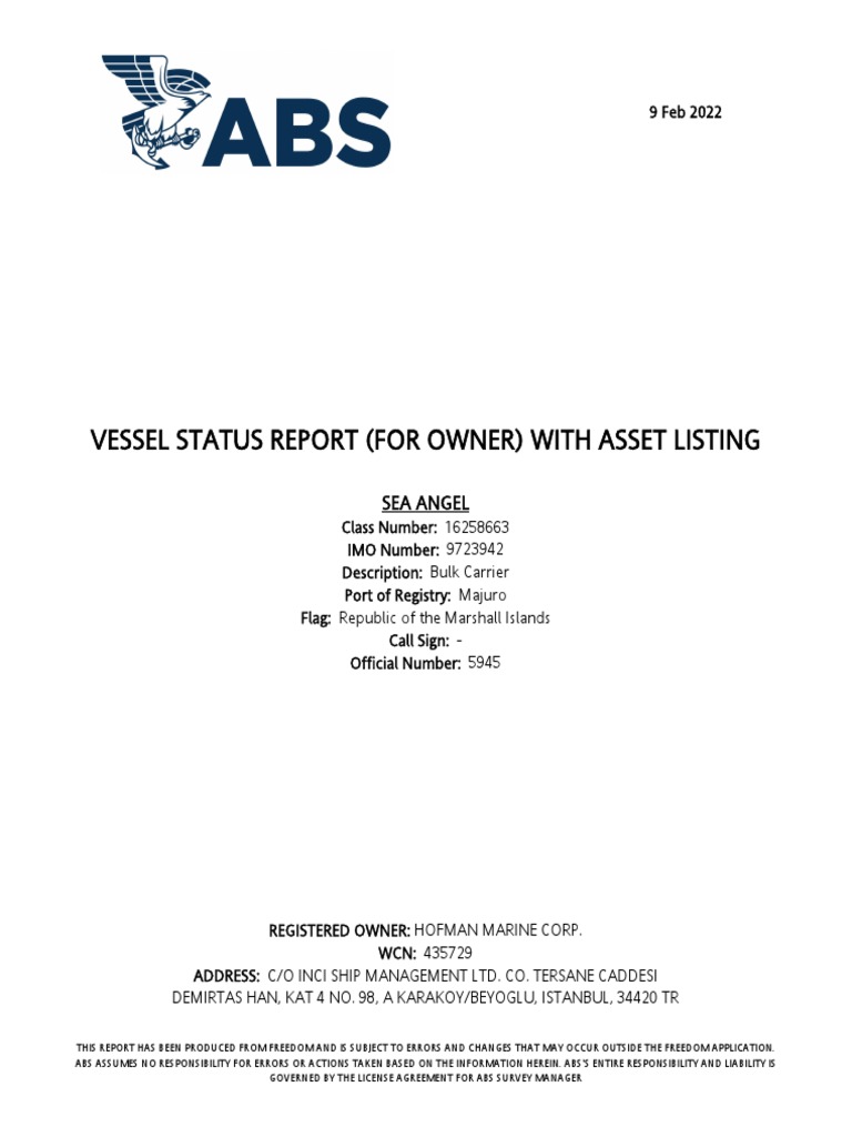 Sea Angel Vessel Status Report | PDF | Tonnage | Fuel Oil