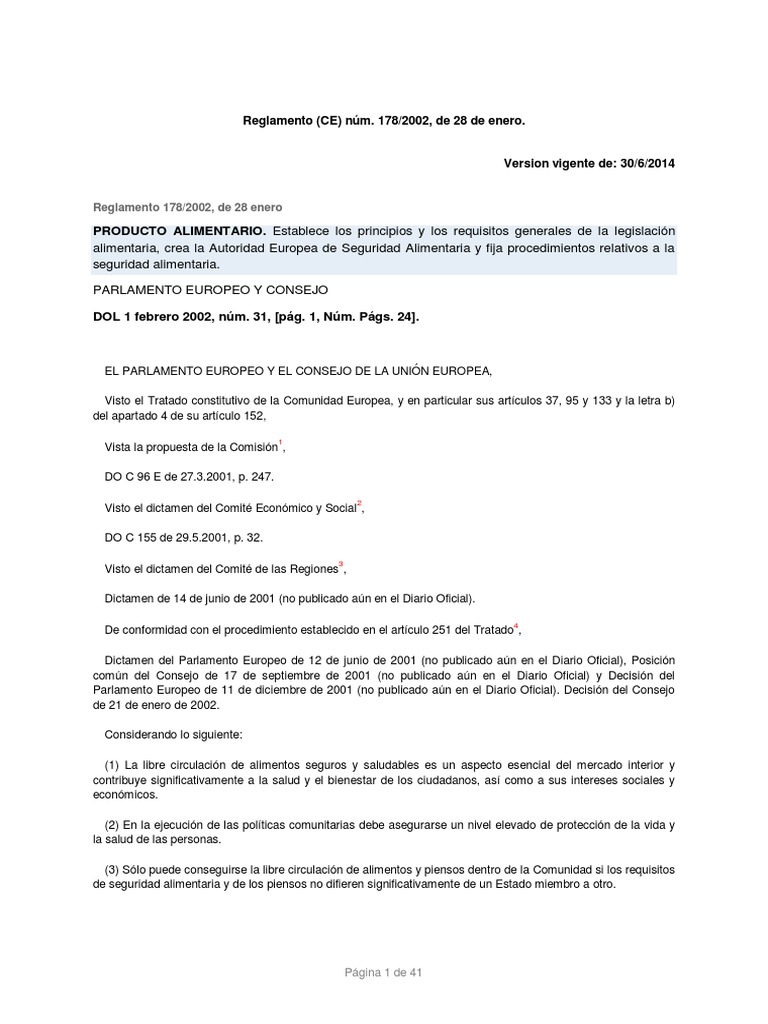 Reglamento 178-2002 | PDF | Seguridad alimenticia | Alimentos
