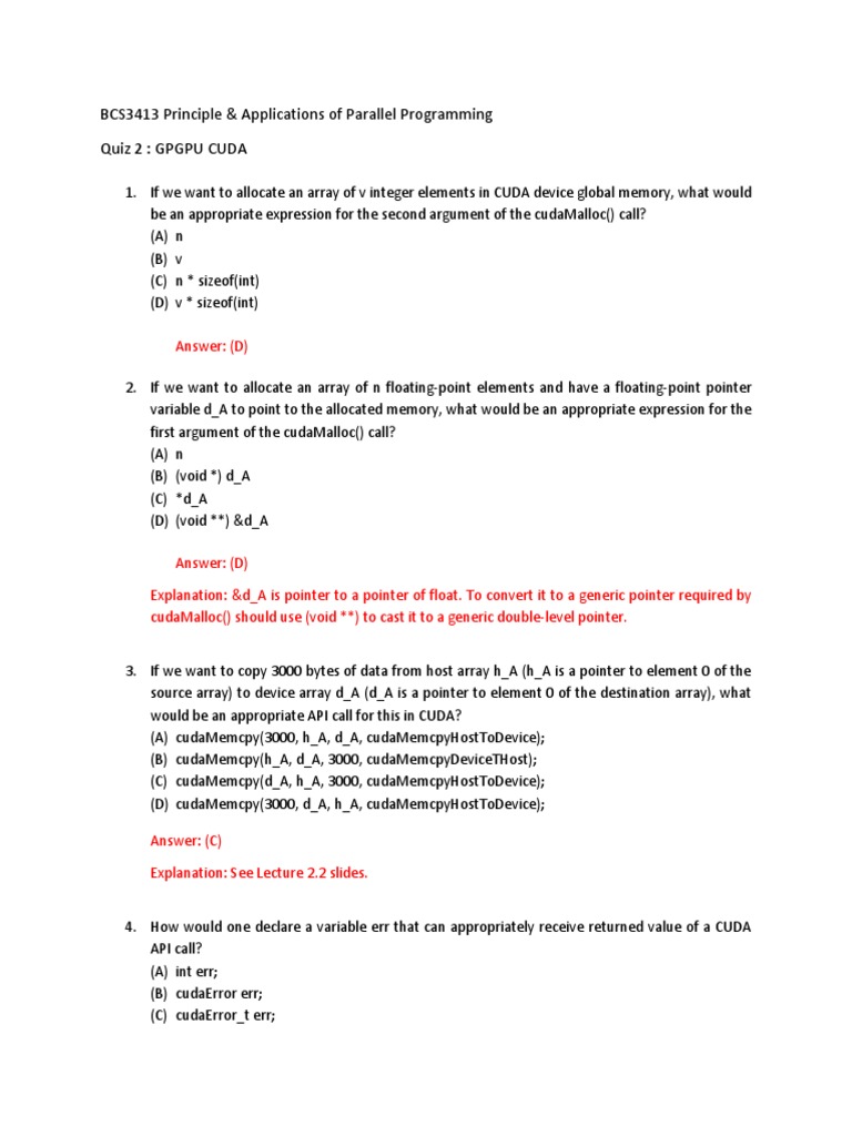BCS3413 Principle & Applications of Parallel Programming Quiz 2: Gpgpu ...