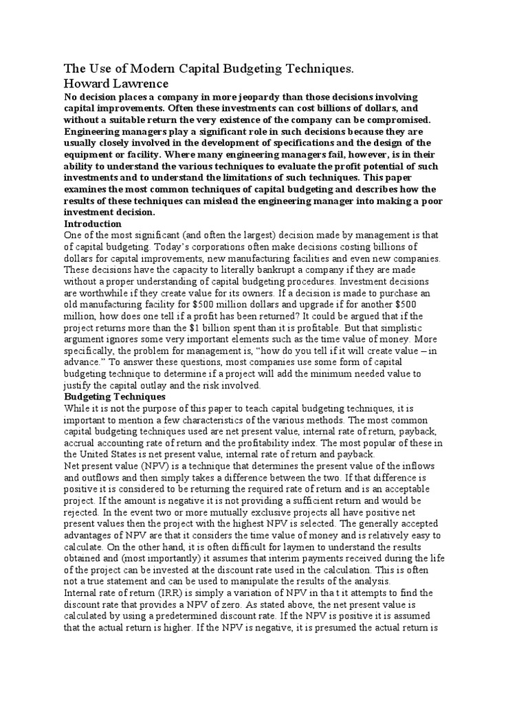 The Use of Modern Capital Budgeting Techniques | PDF | Net Present ...