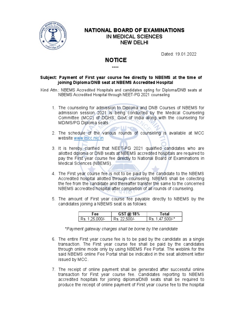 Notice For PG DNB Students Regarding Fees Payment. | PDF | Fee | Receipt