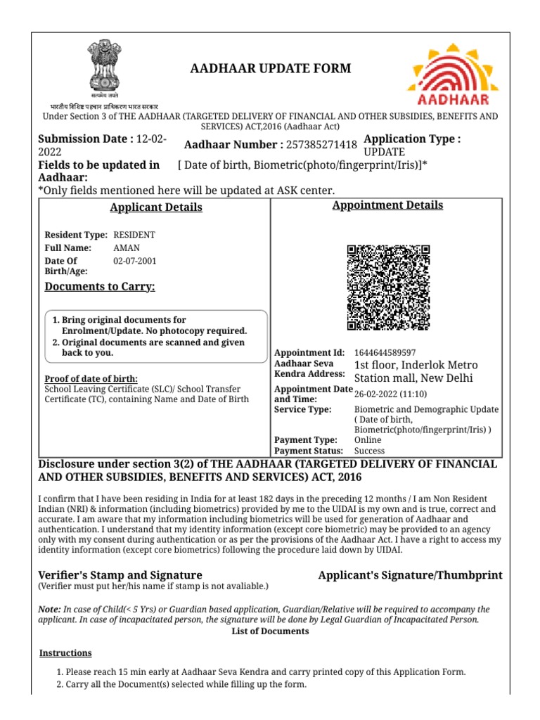 Aadhaar Update Form | PDF | Identity Document | Biometrics
