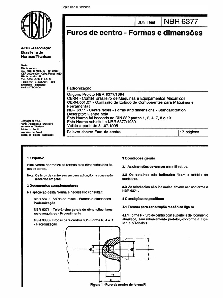 NBR 6377 PB 164 - Furos de Centro - Formas e Dimensoes | PDF