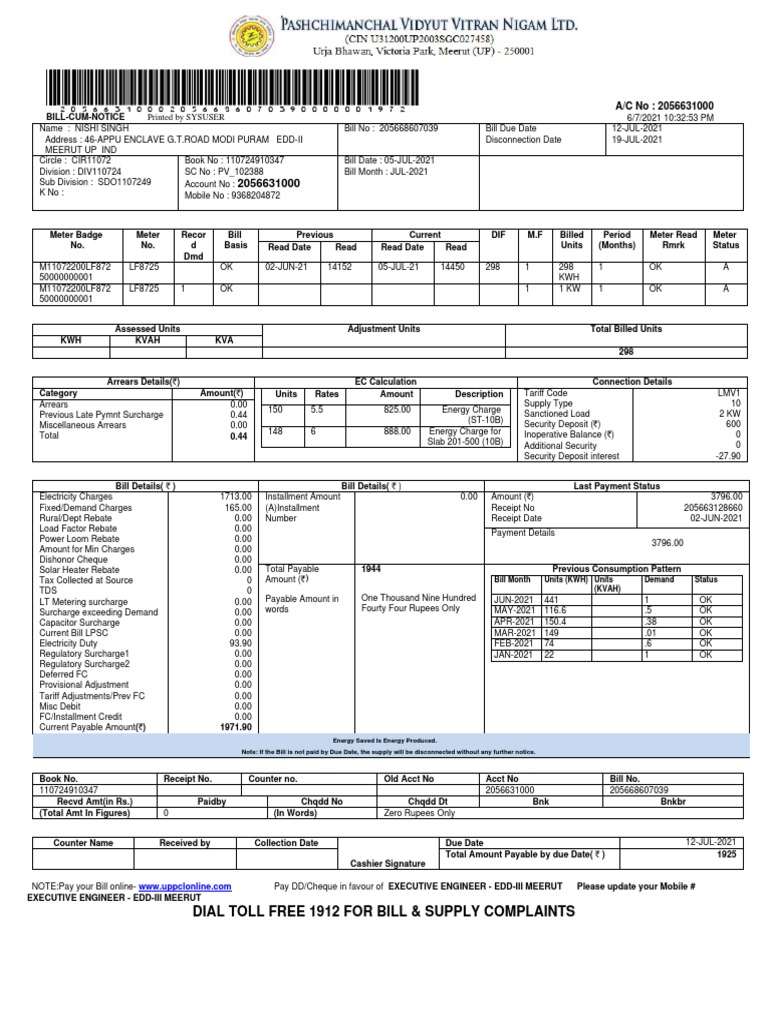 Printed by SYSUSER: Dial Toll Free 1912 For Bill & Supply Complaints ...