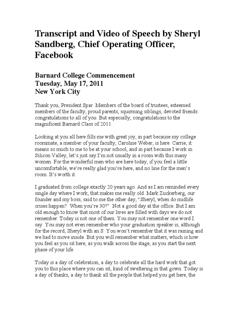 Sheryl Sandberg Barnard Graduation Speech (May 2011) | PDF | Mark ...