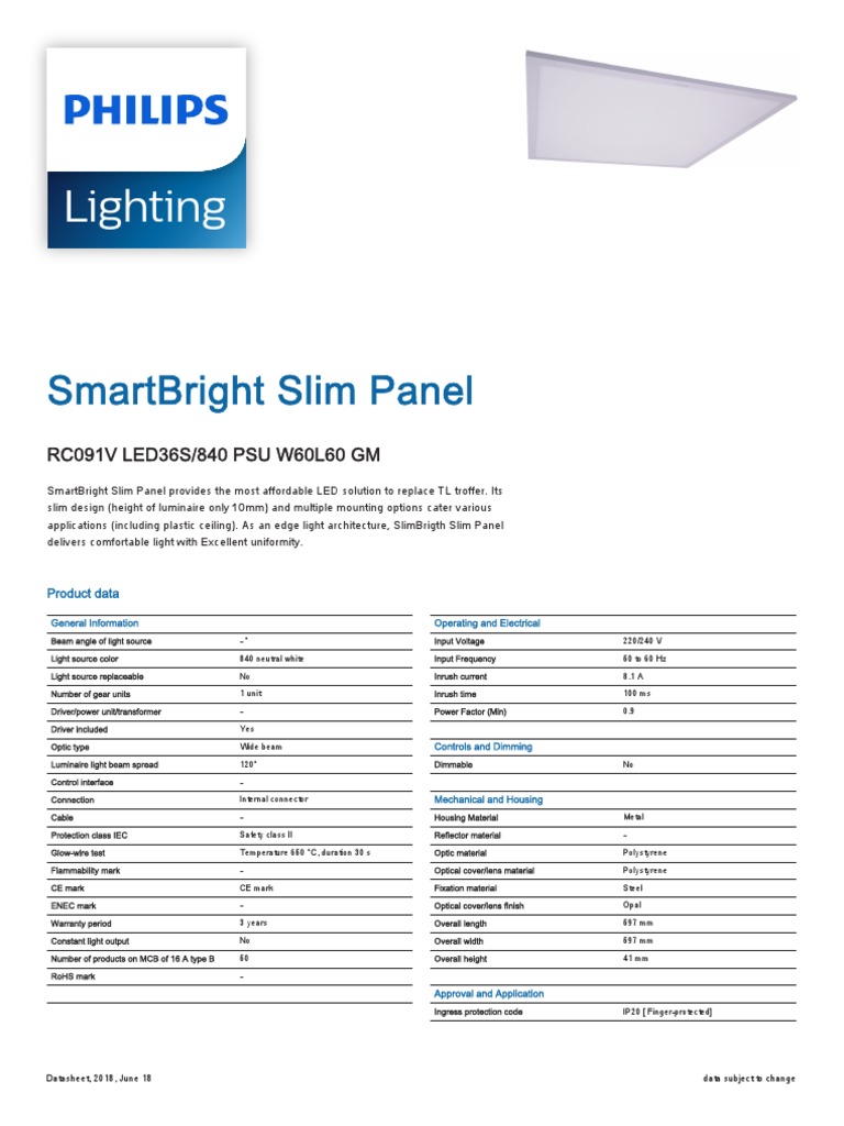 Smartbright Panel Rc091v Led36s-840 Psu para Empotrar - Philips | PDF ...