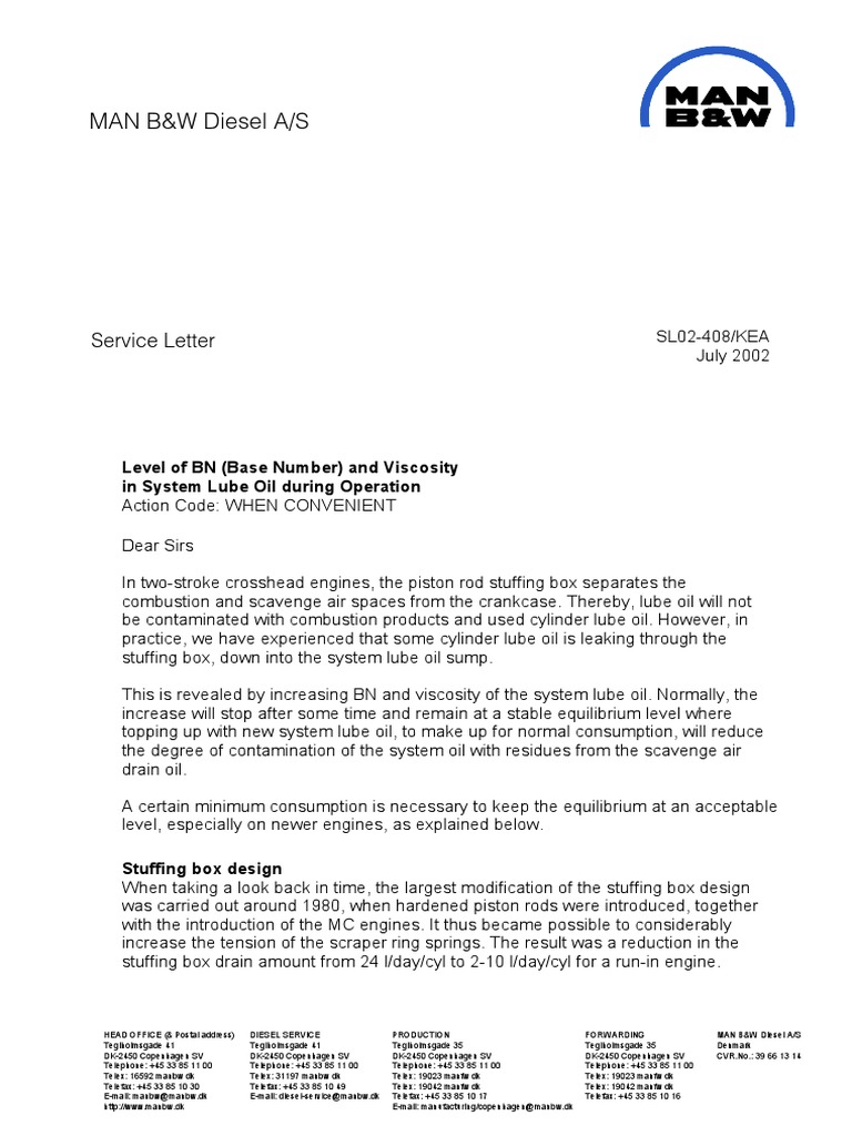 MAN B&W Diesel A/S: Service Letter | PDF | Piston | Propulsion