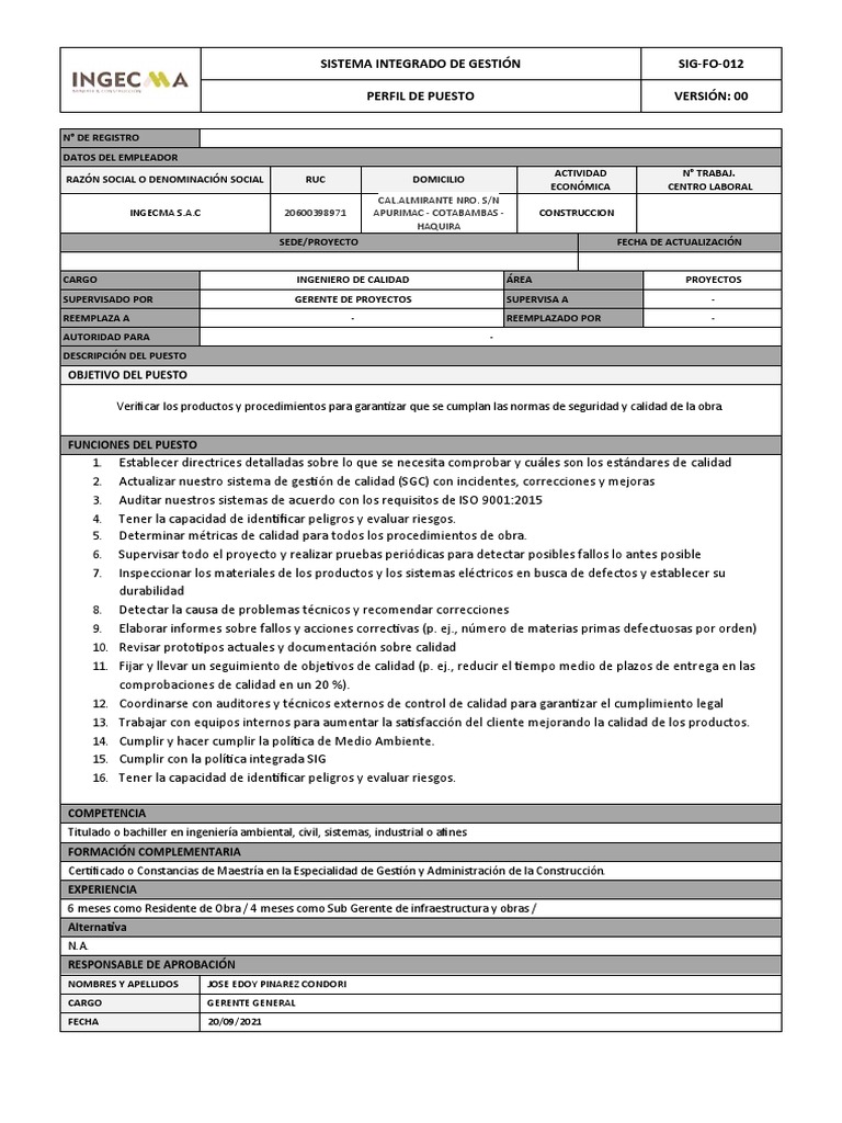 SIG-FO-012 Perfil de Puesto - Ingeniero de Calidad | PDF | Calidad (comercial) | Economias