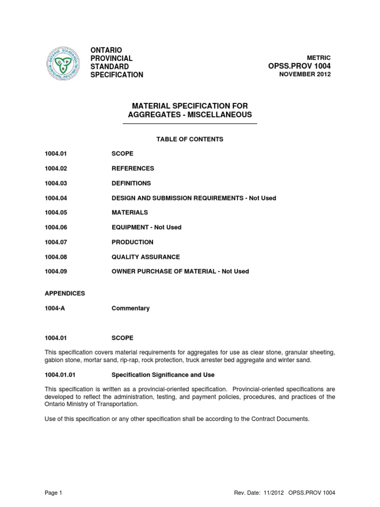 OPSS - PROV 1004 Nov12 | Download Free PDF | Construction Aggregate ...