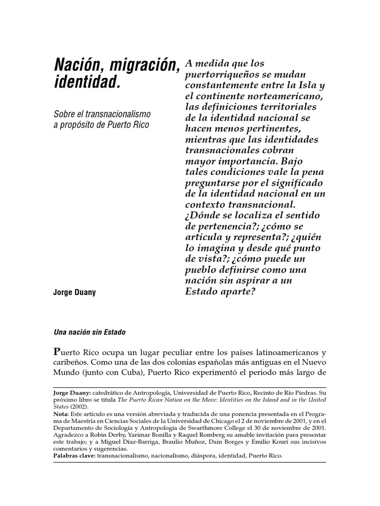 Nación, Migración, Identidad - Jorge Duany | PDF | Puerto Rico | Nación