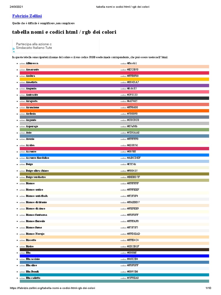 Tabella Nomi e Codici HTML - RGB Dei Colori | PDF