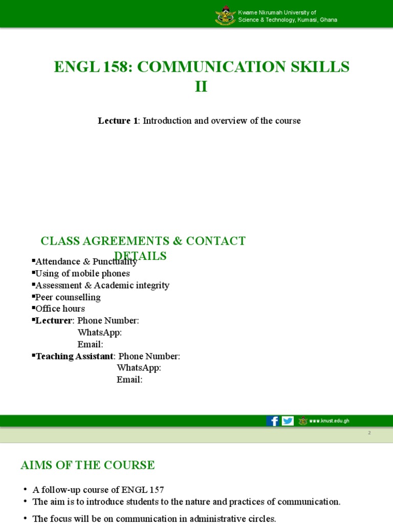 Engl 158: Communication Skills II: Lecture 1: Introduction and Overview of The Course ...