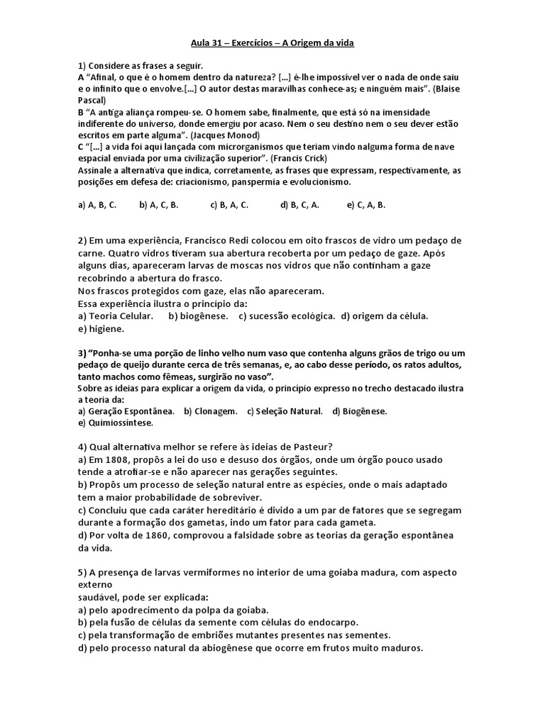 Aula 31 - Exercícios Origem Da Vida | PDF | Vida | Abiogênese Aula 31 - Exercícios Origem Da Vida | PDF | Vida | Abiogênese