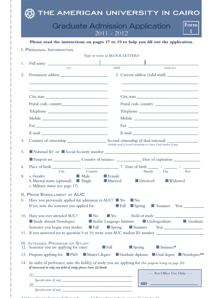 Graduate Admission Application: Please Read The Instructions On Pages ...