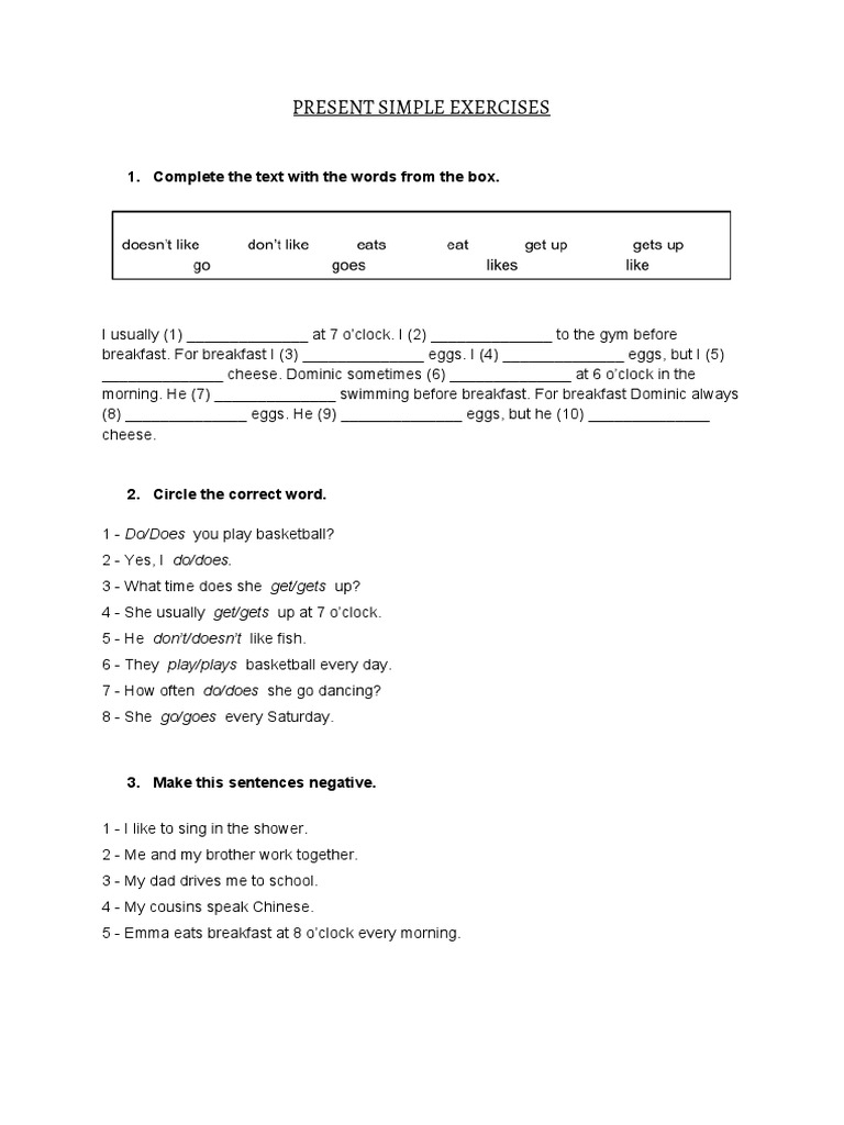 Present Simple Grammar Exercises | PDF | Cooking, Food & Wine | Wellness