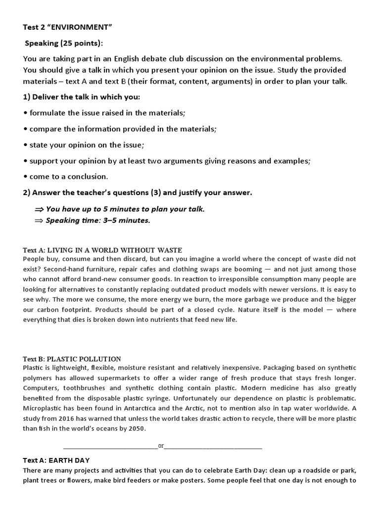 Test 2 "Environment" Speaking (25 Points) :: Text A: Living in A World ...