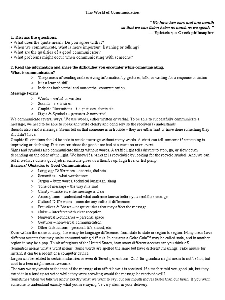 XI - The World of Communication | PDF | Communication | Nonverbal ...