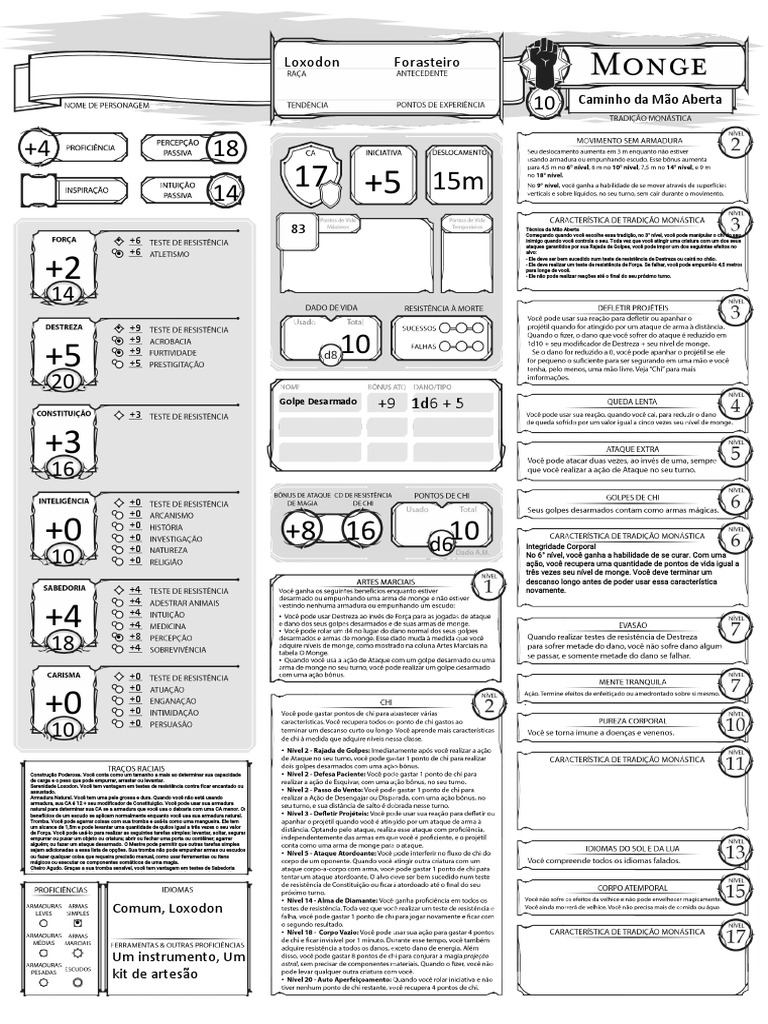 DnD 5e - Ficha - Monge - Editável | PDF