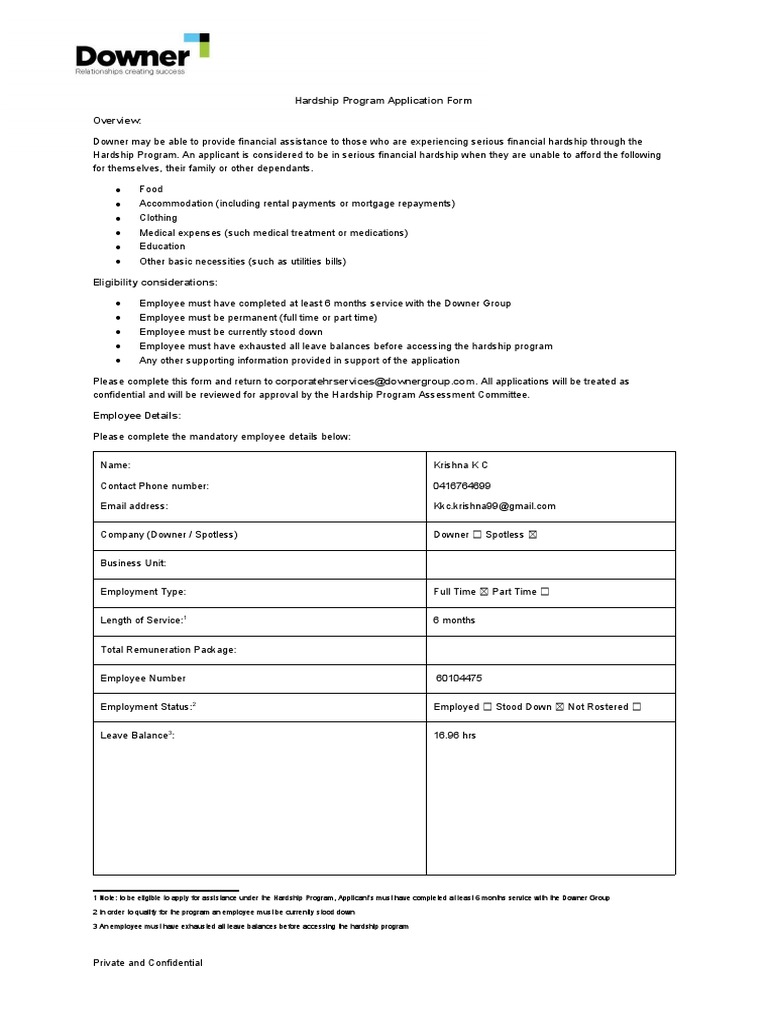 Hardship Program Application Form Overview | PDF | Privacy | Privacy Policy