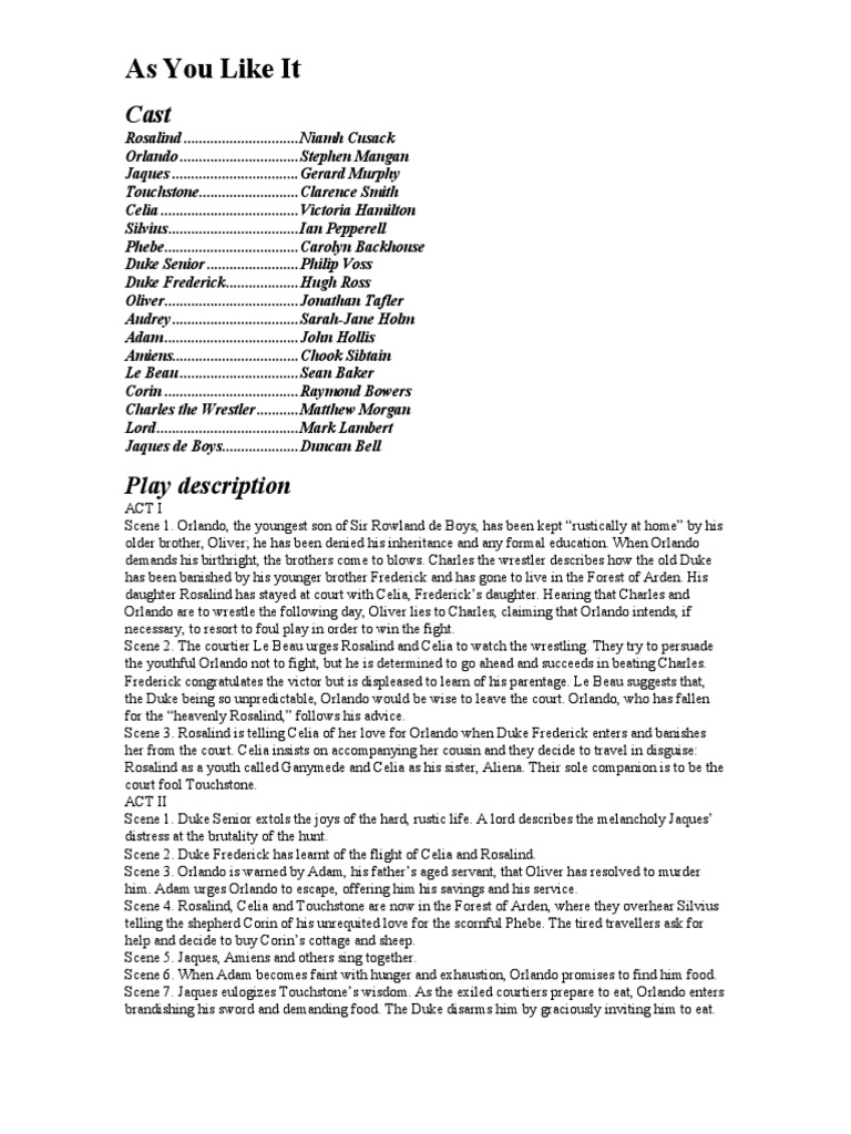 As You Like It: Cast and Summary | PDF | As You Like It | Shakespearean ...
