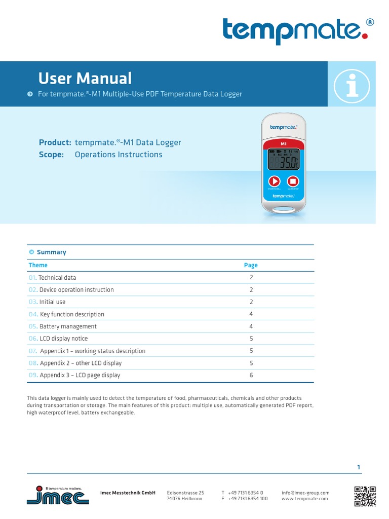 User Manual: Product: Tempmate.®-M1 Data Logger Scope: Operations Instructions | PDF | Usb ...