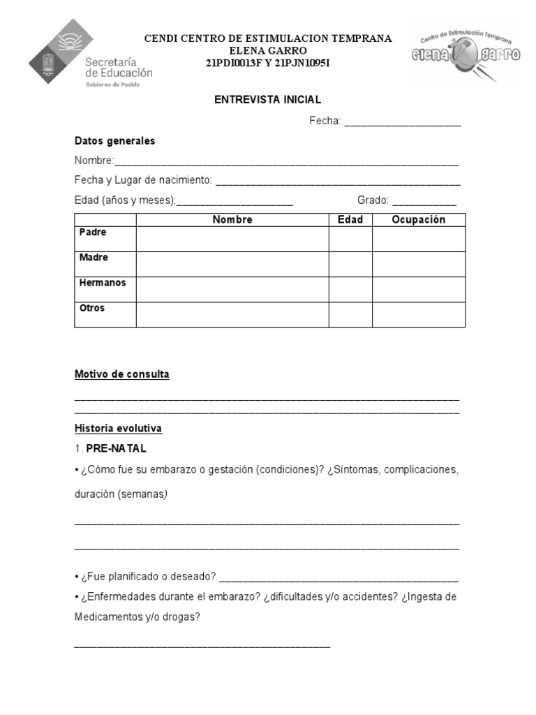 Formato de Entrevista Inicial | PDF | El embarazo | Dormir