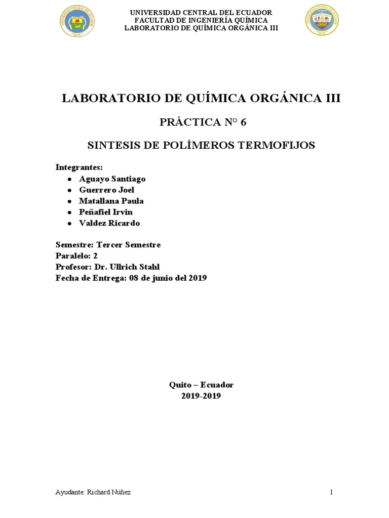 (QO3) Práctica 6 - Síntesis de Polímeros Termofijos (19-19) | PDF ...