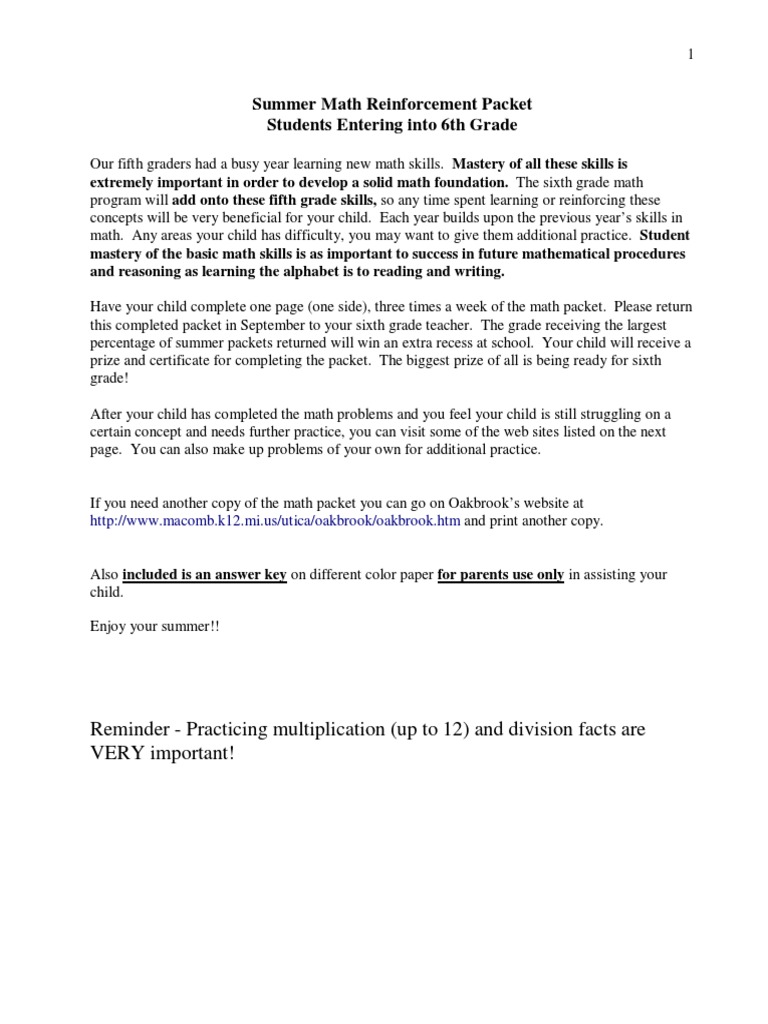 Entering 6th Grade Summer Math Packet | PDF | Area | Rectangle