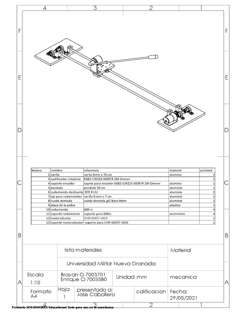 Diseño de Péndulo Invertido en SolidWorks | PDF