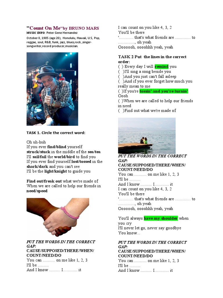 "Count On Me" Lyrics Analysis and Tasks | PDF