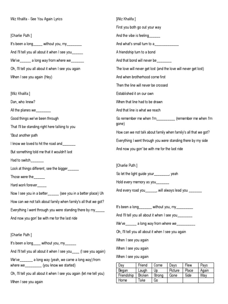 Listening Practice: See You Again-Wiz Khalifa | PDF